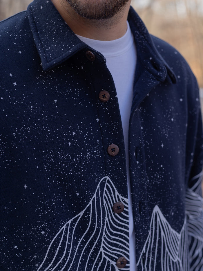 All-Gender Alpine Etching Organic Cotton Fleece Jacket - Navy
