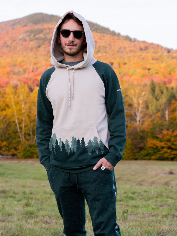 All-gender Fading Forest Organic Fleece Hoodie Sweatshirt - Green/Tan